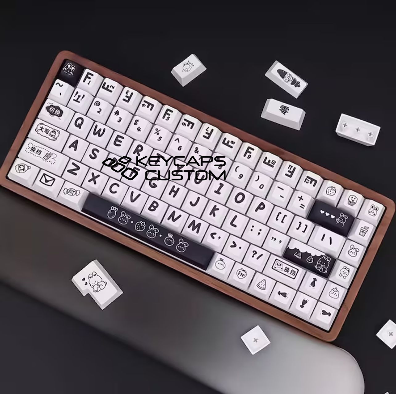 146PCS Black White Rabbit Large Letter Theme Keycap Set,Anime Keycap ...