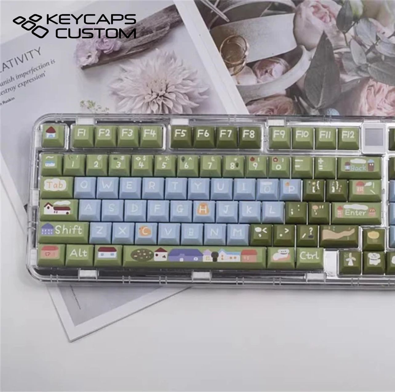 138pcs, Cute Little House Theme Keycap Set, Green And Blue Simple ...