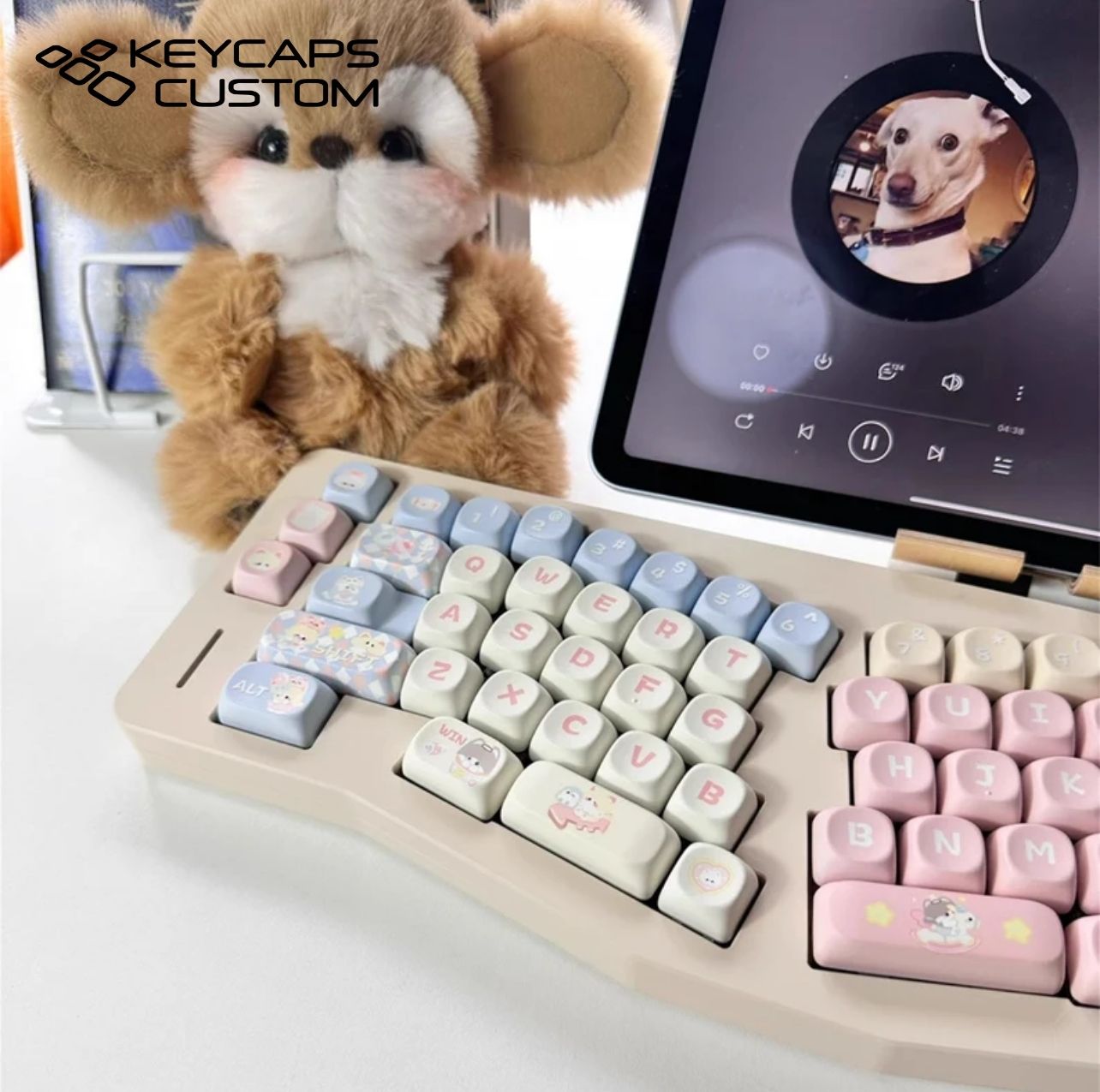 140PCS Meow Meow House Theme Keycap Set, Cute Blue Pink Cat Print ...